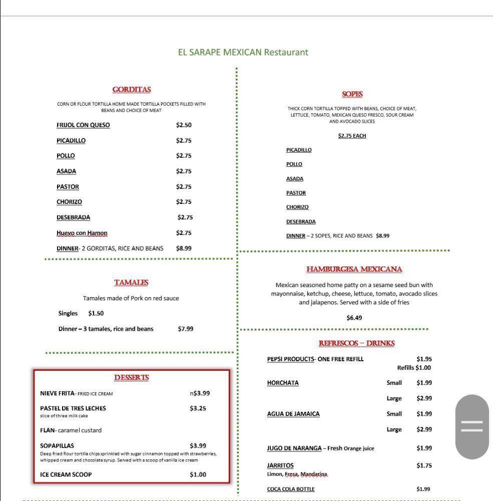Menu at El Sarape restaurant, West Liberty