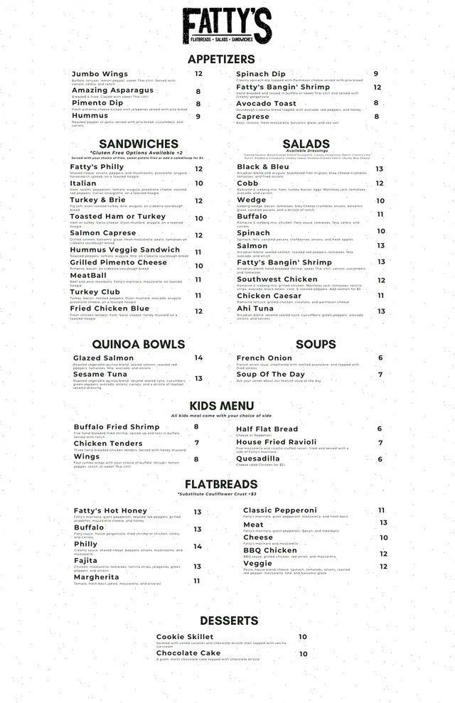 Menu at Fatty's pub & bar, Greenville