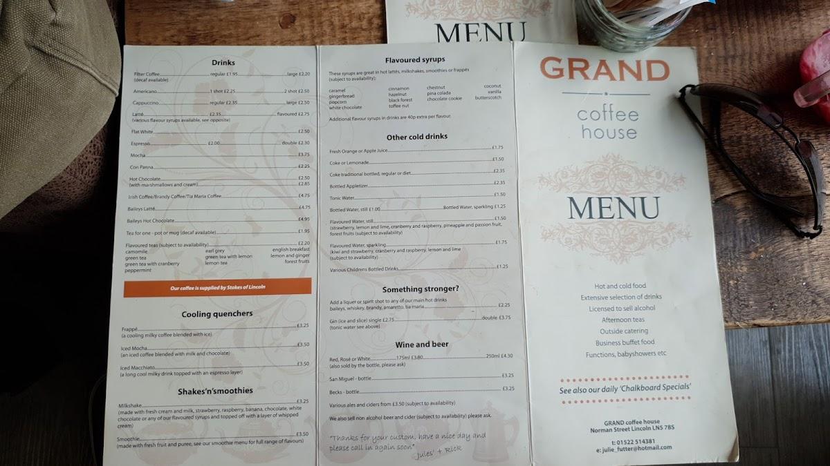 Menu at GRAND Coffee House, Lincoln