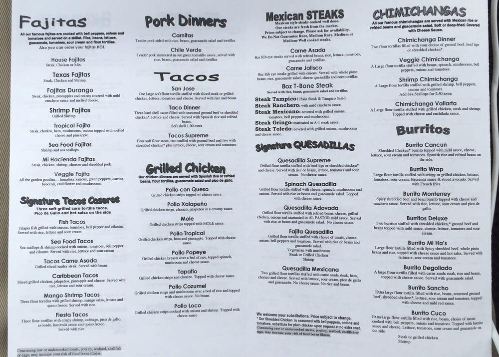 Menu at Mi Hacienda Mexican Restaurant, Toledo