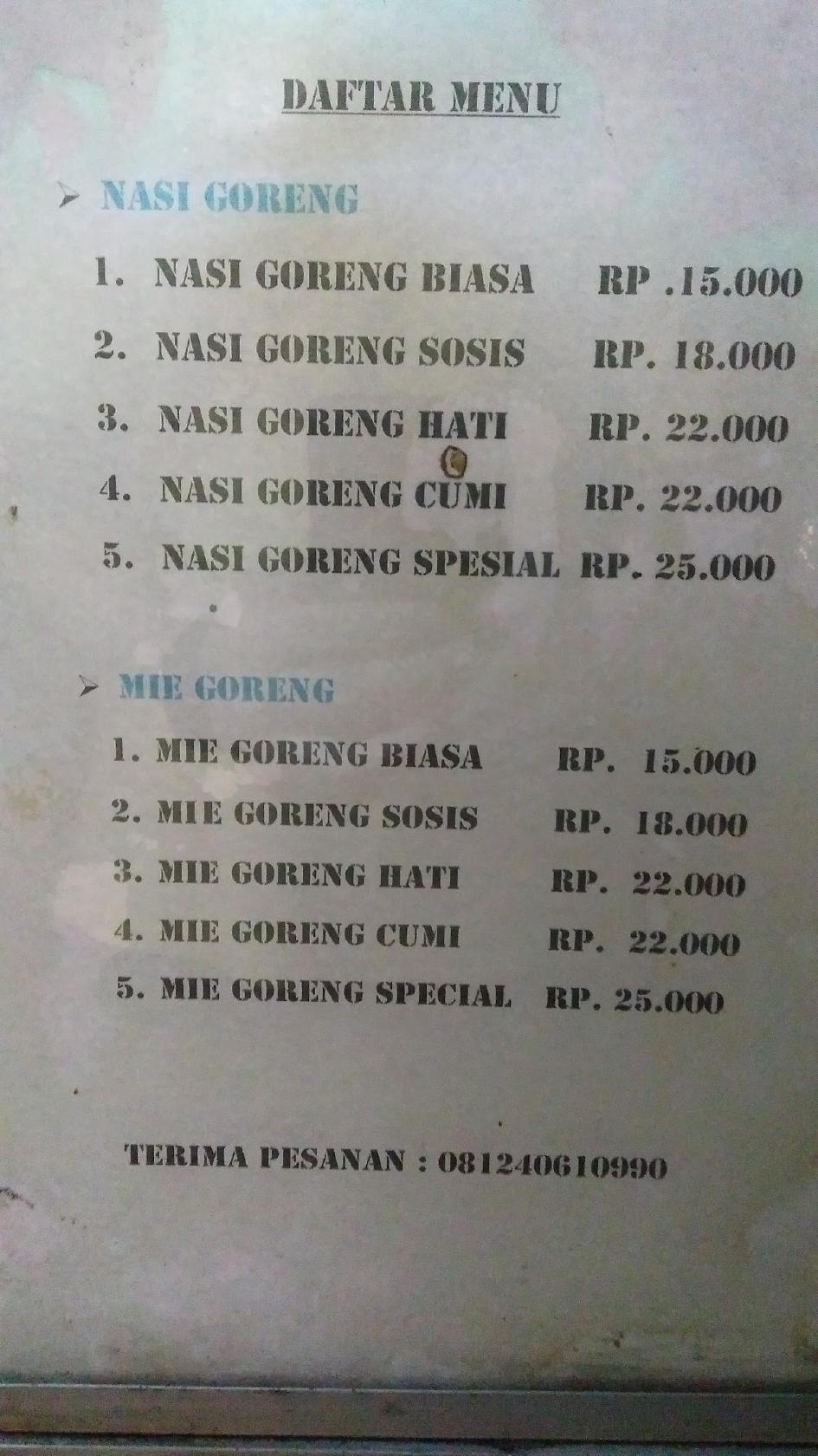 Menu at Nasi Goreng Bandung restaurant, Teluk Ambon