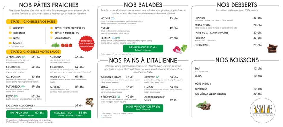 Menu at Pastalab restaurant, Casablanca