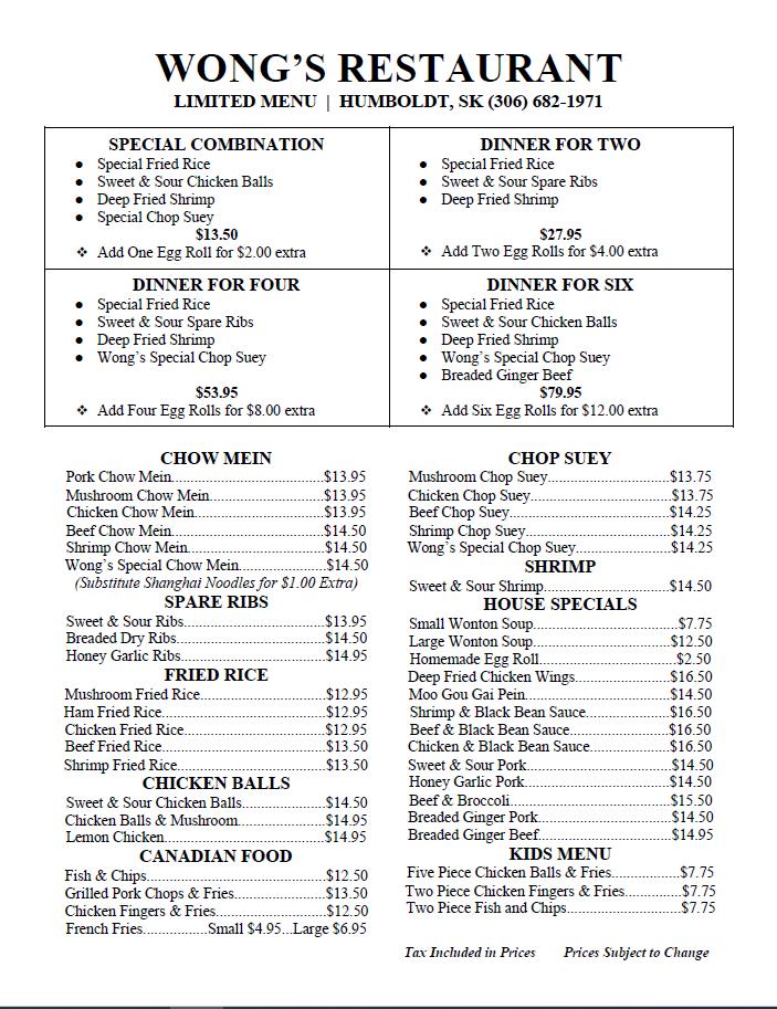 Menu at Wong's Restaurant, Humboldt