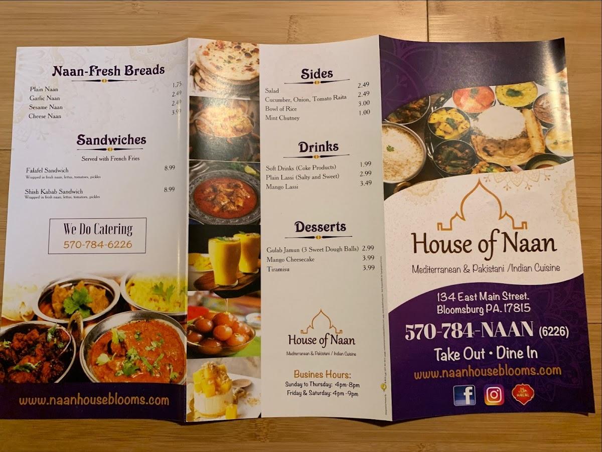 Menu at Bloom's Naan House restaurant, Bloomsburg