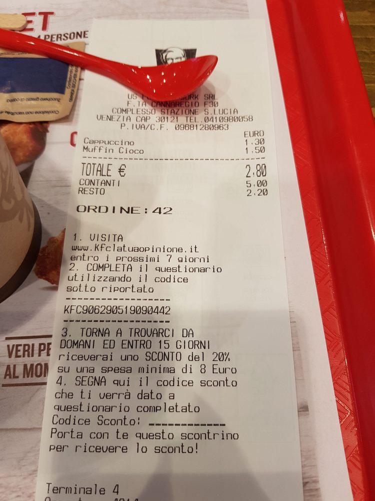 Menu at KFC fast food, Venice, Stazione di Venezia Santa Lucia