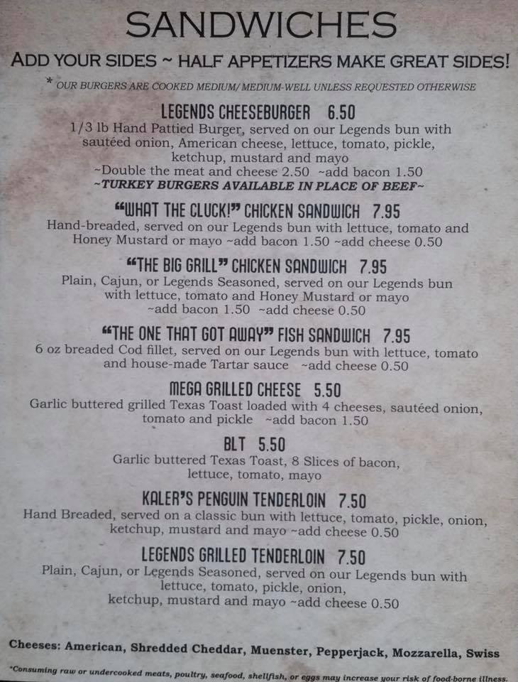 Menu at Legends Southside Bar & Grill, Richmond