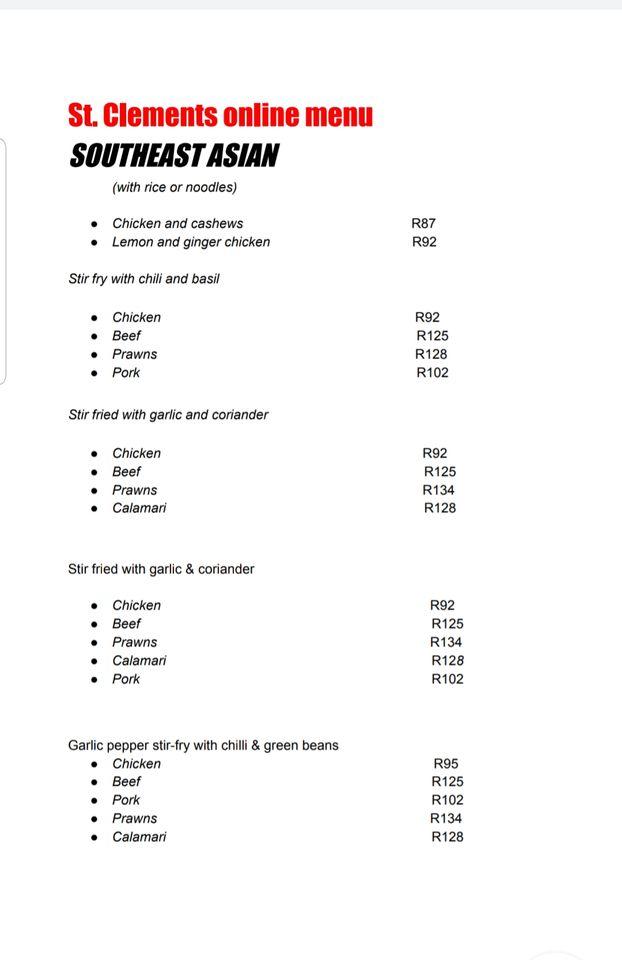 Menu at St. Clements Restaurant, Durban