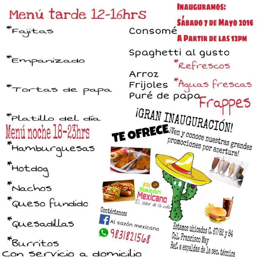 Menu at Al sazón mexicano restaurant, Felipe Carrillo Puerto
