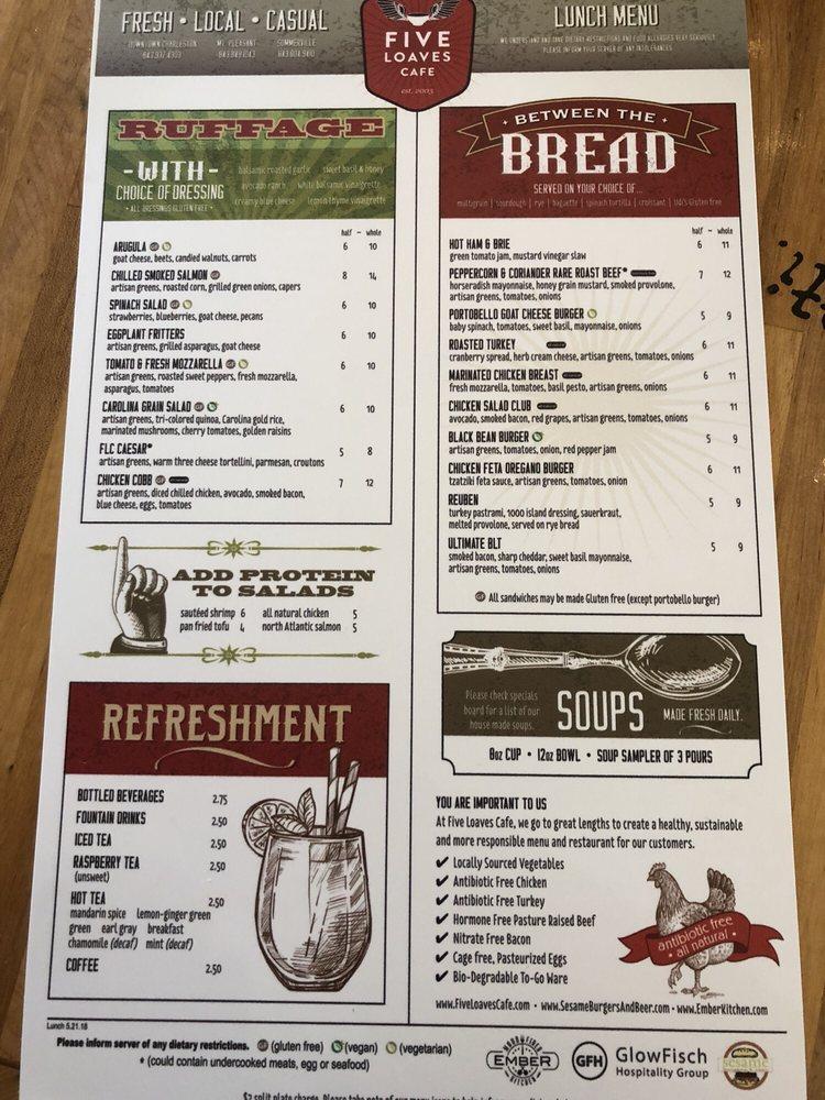 Menu at Five Loaves Cafe, Summerville, 214 N Cedar St