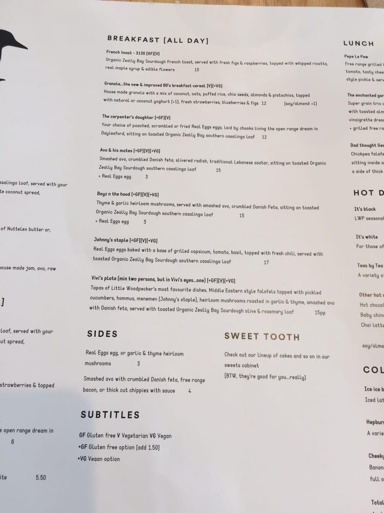 Menu at Little Woodpecker cafe, Blackburn North