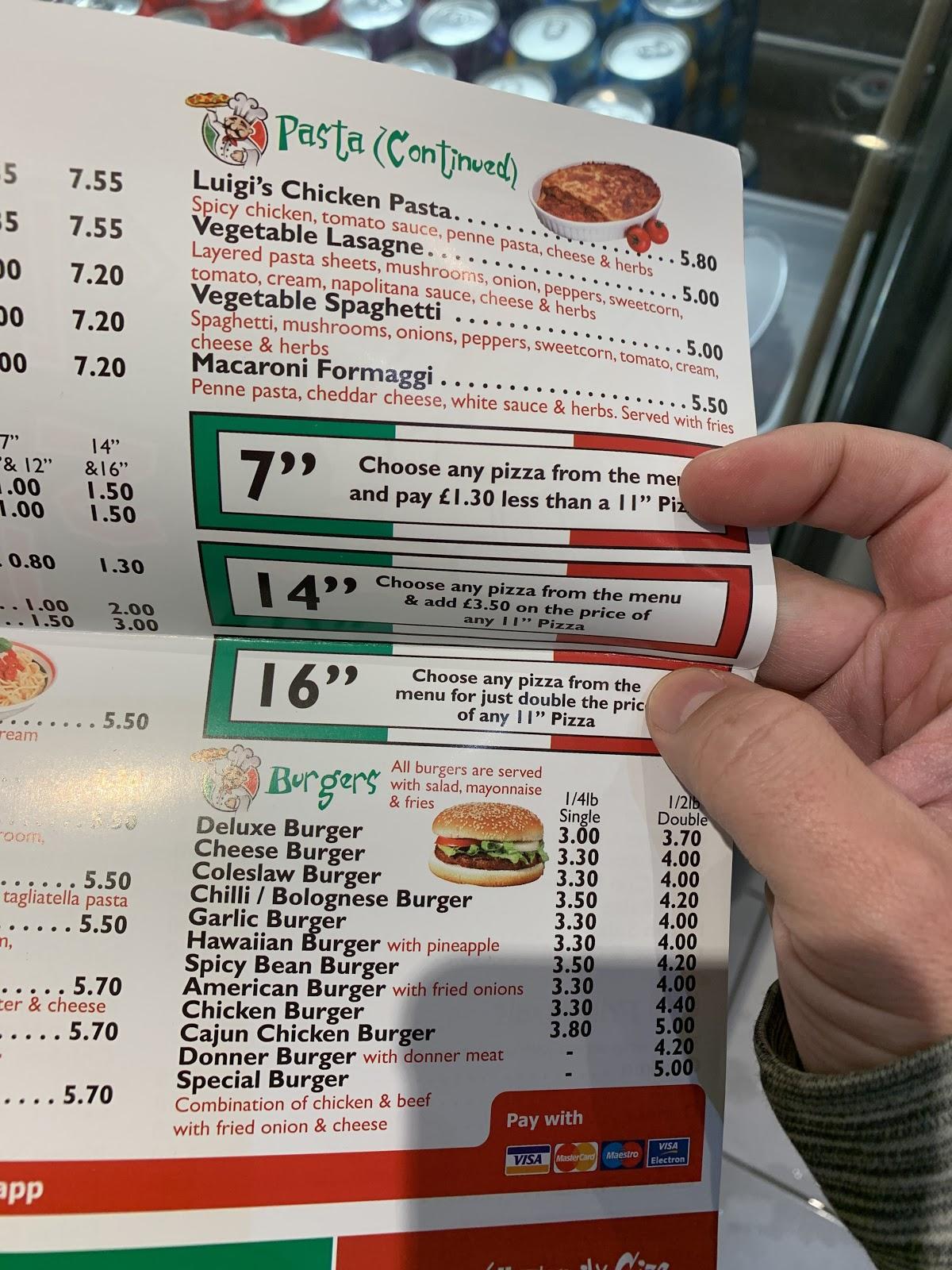 Menu at Luigi's Little Italy pizzeria, Holmfirth