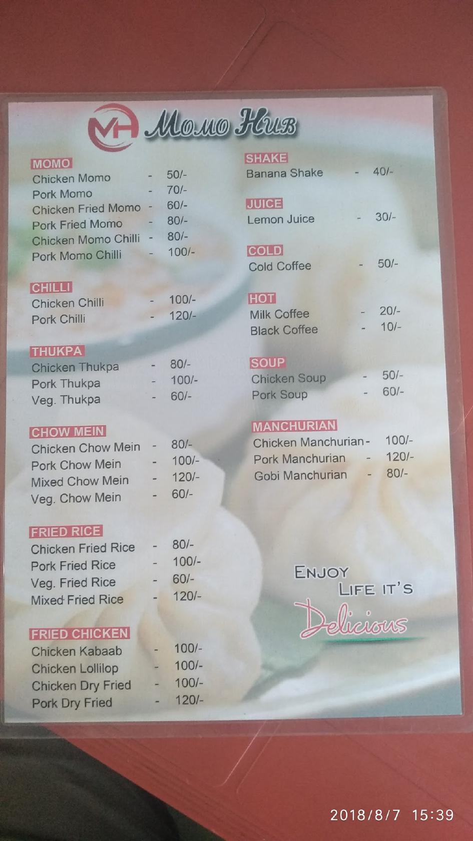 Menu at Momo Hub, Imphal