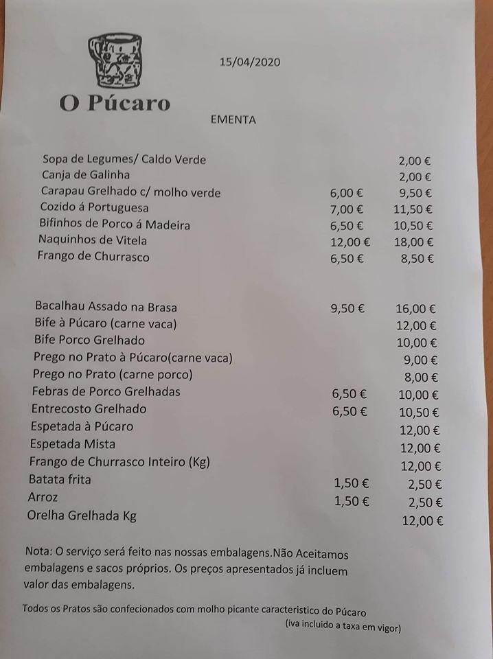 Menu em O Púcaro restaurante, Aveiro