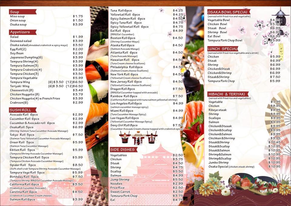 Menu at Osaka Grill Japanese Restaurant, Greer, 700 W Wade Hampton Blvd
