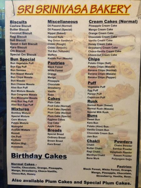 Menu at Sri Srinivasa Bakery, Bengaluru, Shop No:#288