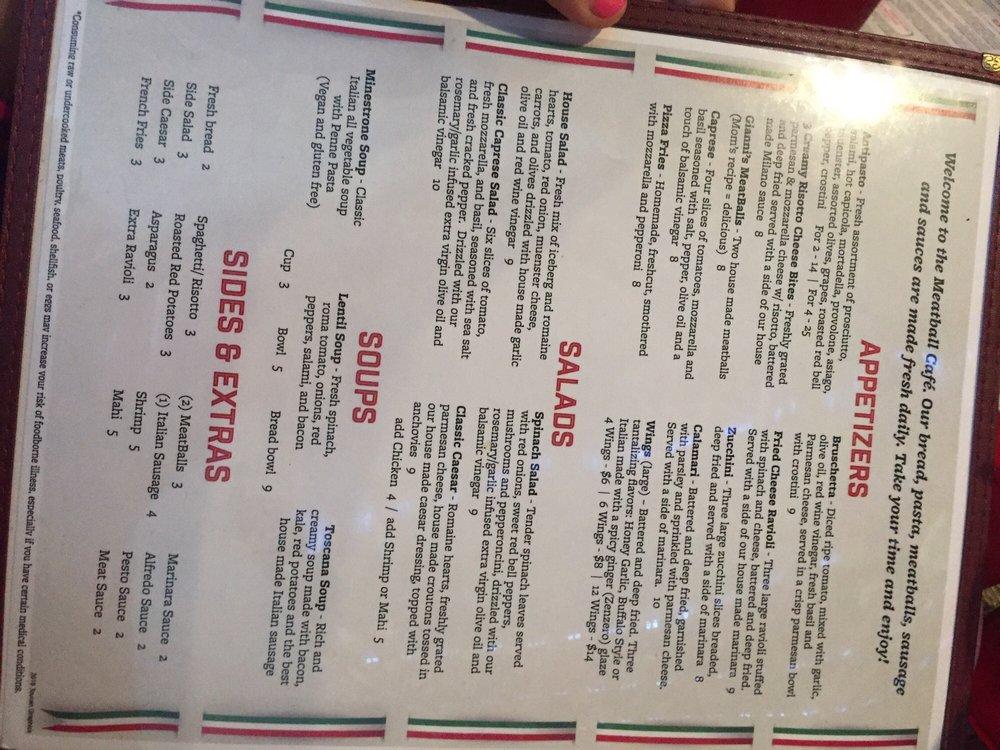 Menu at The Meatball Cafe, South Padre Island