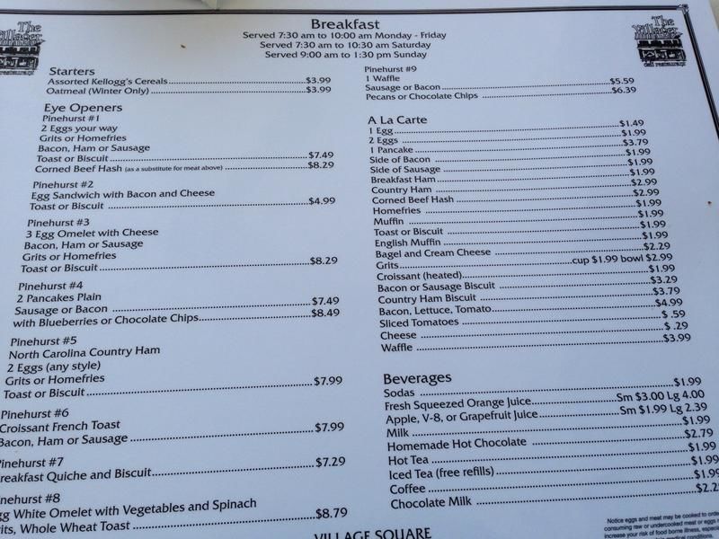 Menu at The Villager Deli cafe, Pinehurst