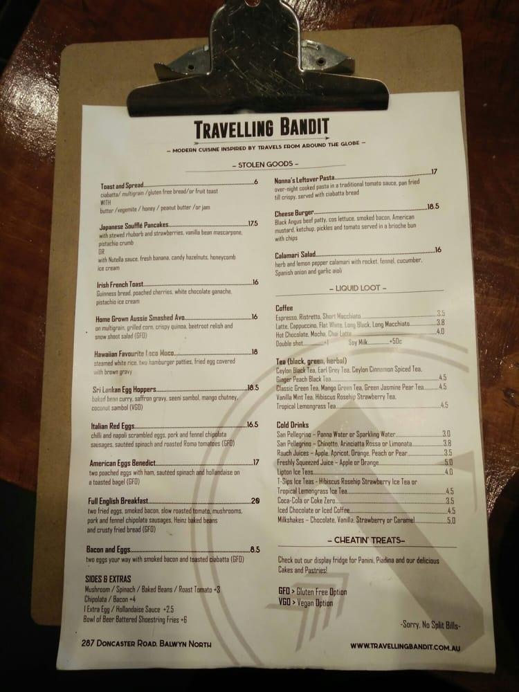Menu at Travelling Bandit cafe, Balwyn North
