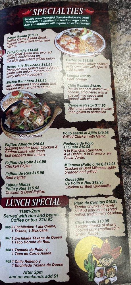 Menu at Allende Restaurant, Indio, Monroe St # 402