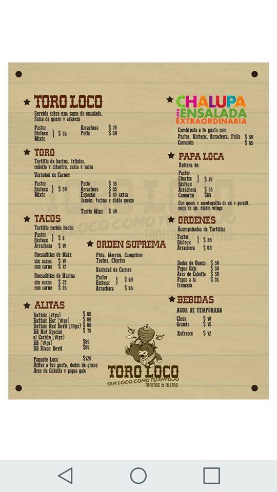 Menu at El TORO LOCO. Tan loco como tu antojo, Guadalajara