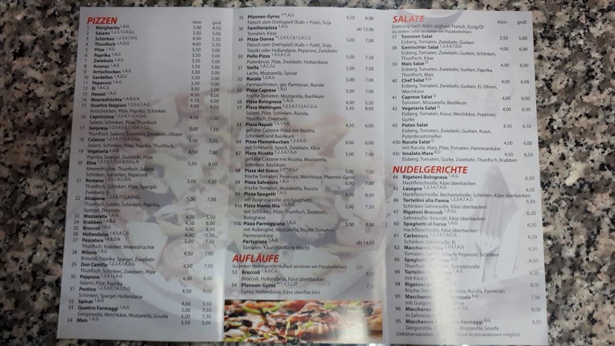 Menu at Pizzeria Etna da Salvatore, Mettingen