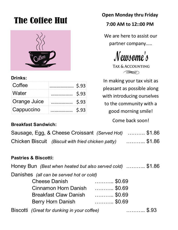 Menu at The Coffee Hut cafe, Phenix City