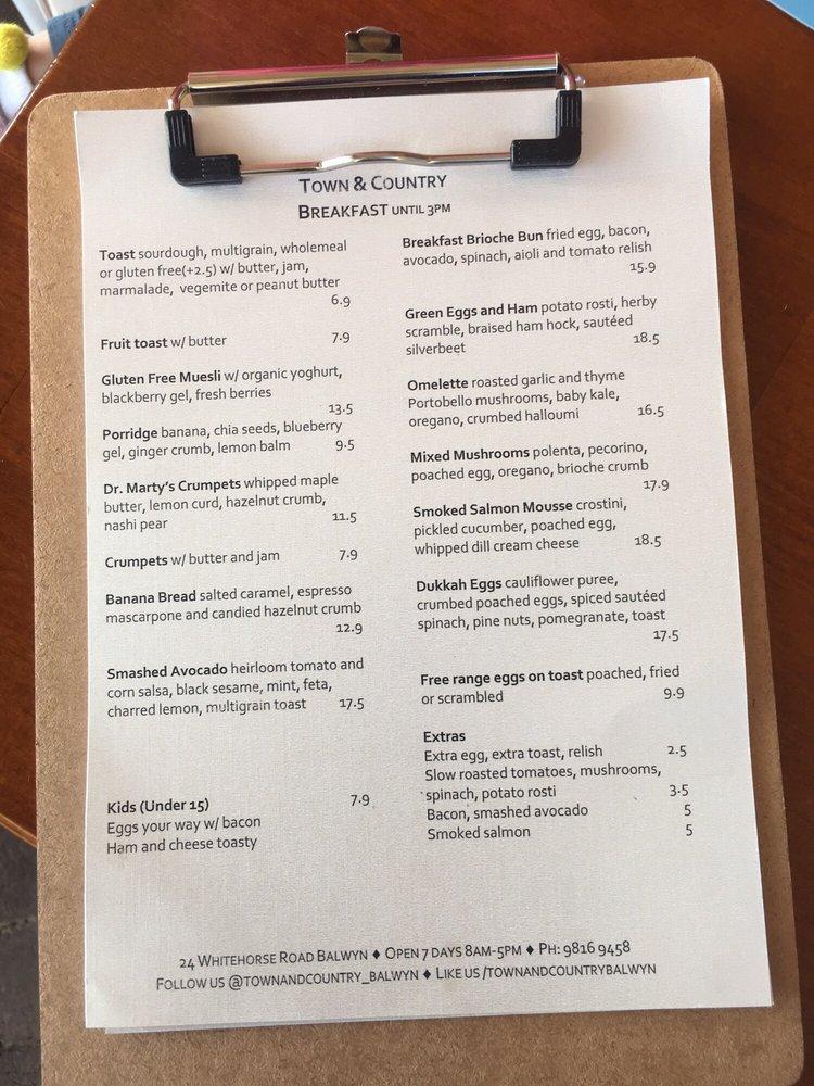 Menu at Town & Country Balwyn cafe, Balwyn