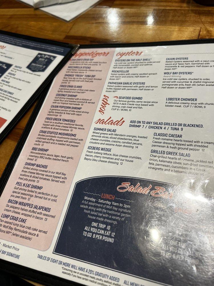 Menu at Wolf Bay Restaurant at Orange Beach, Orange Beach, Perdido ...