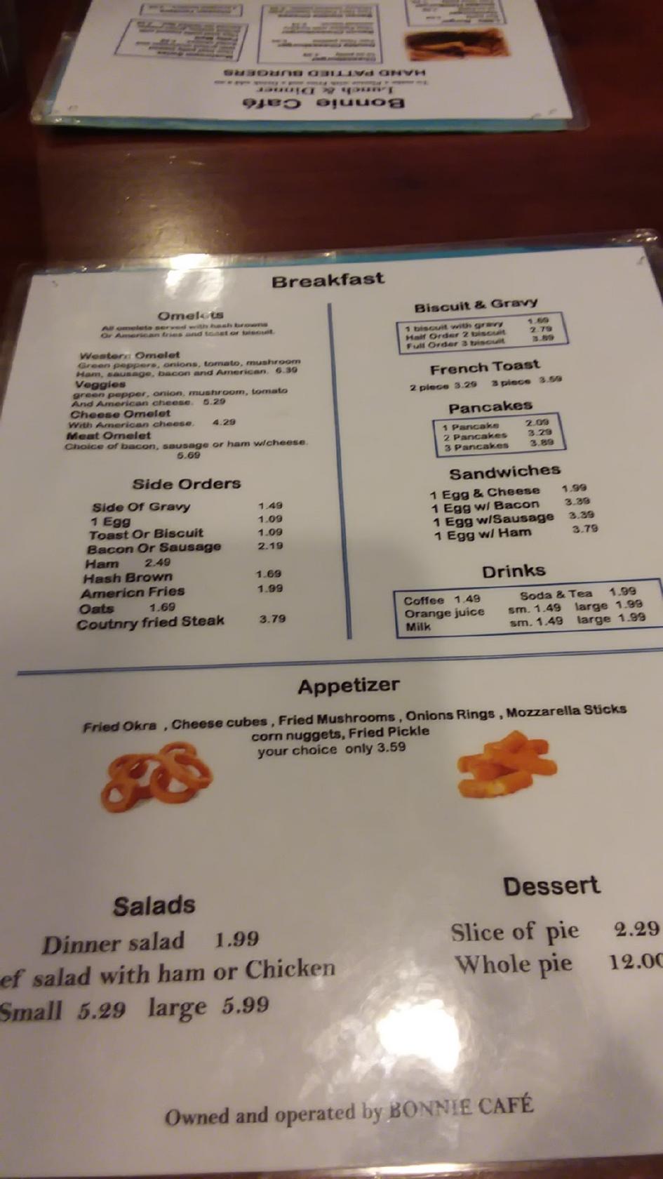 Menu at Bonnie Cafe, Nashville