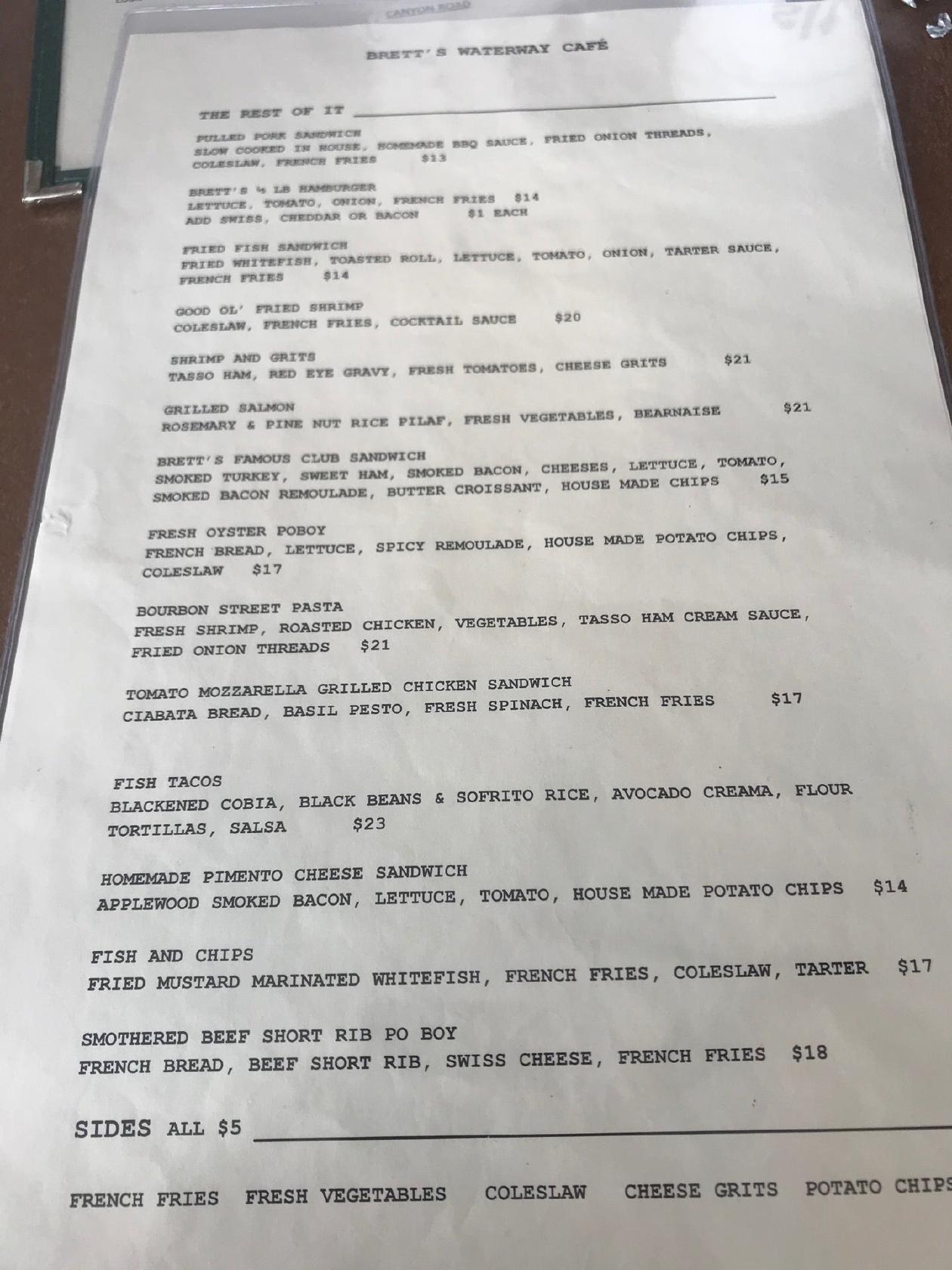 Menu at Brett's Waterway Cafe, Fernandina Beach