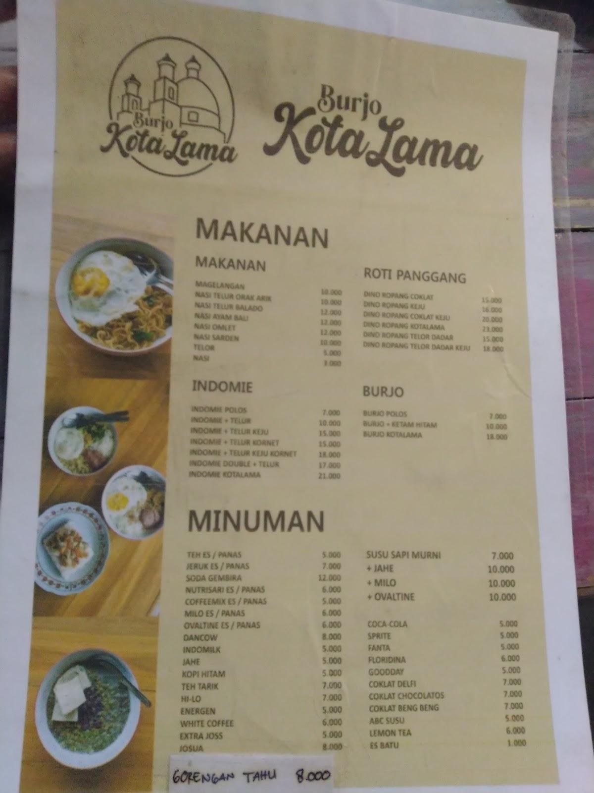 Menu at Burjo Kota Lama restaurant, Semarang