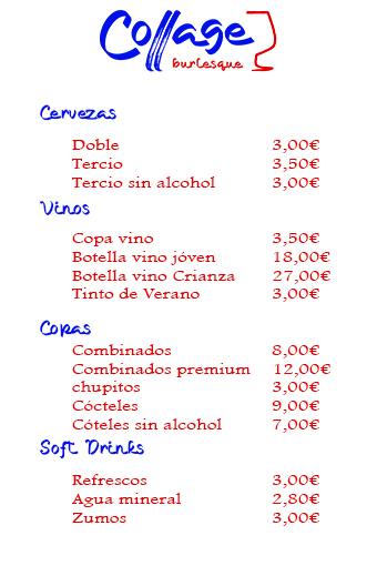 Menu at COLLAGE Burlesque pub & bar, Madrid