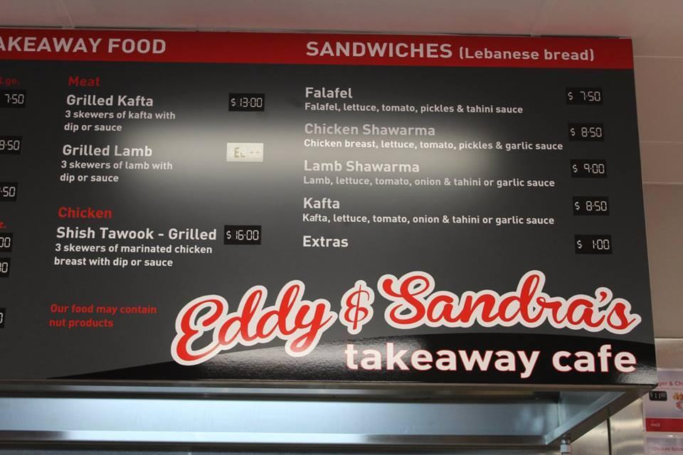 Menu at Eddy & Sandra's fast food, Unanderra