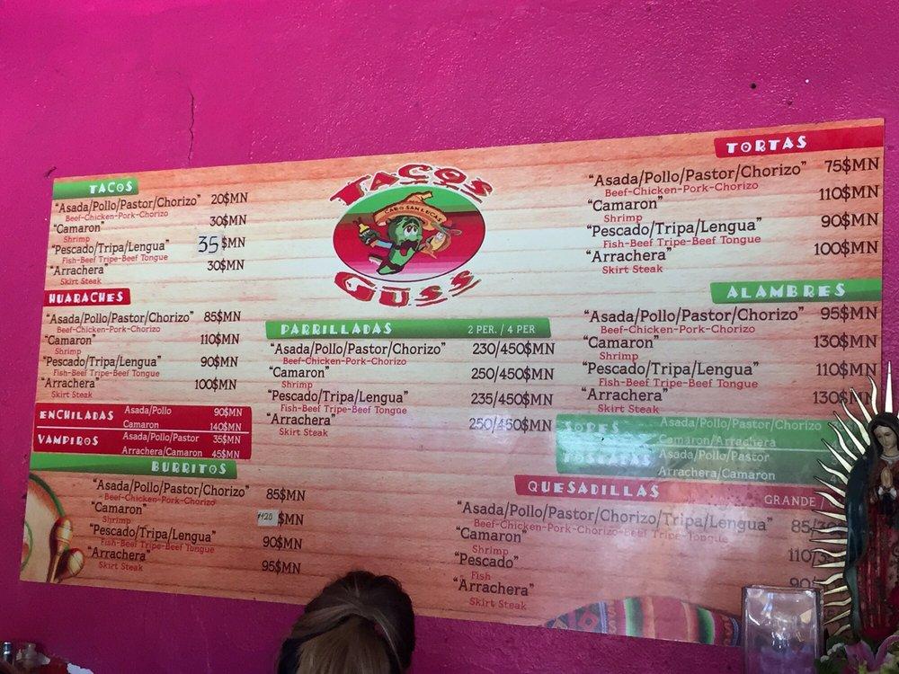 Menu at Guss Tacos restaurant, Cabo San Lucas, Blvd Lazaro Cardenas ...