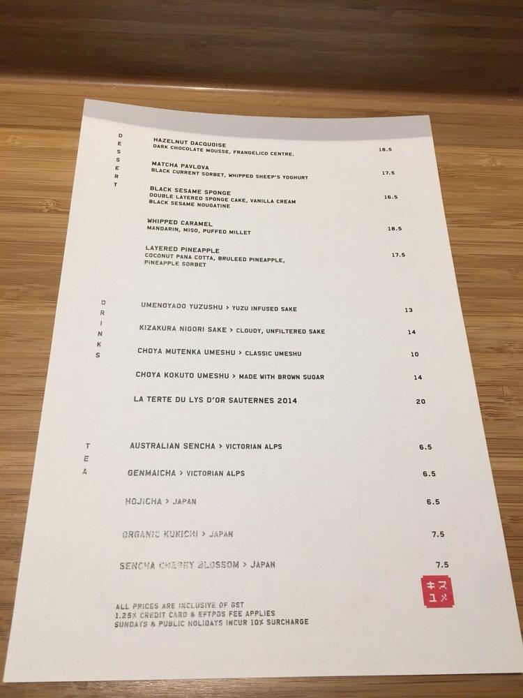 Menu at Kisumé restaurant, Melbourne