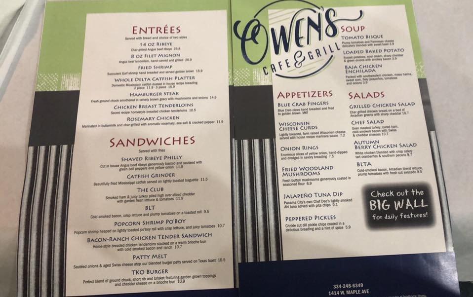 Menu at Owen's Cafe & Grill, Geneva