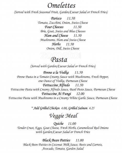 Menu at Parisco Cafe, Toronto