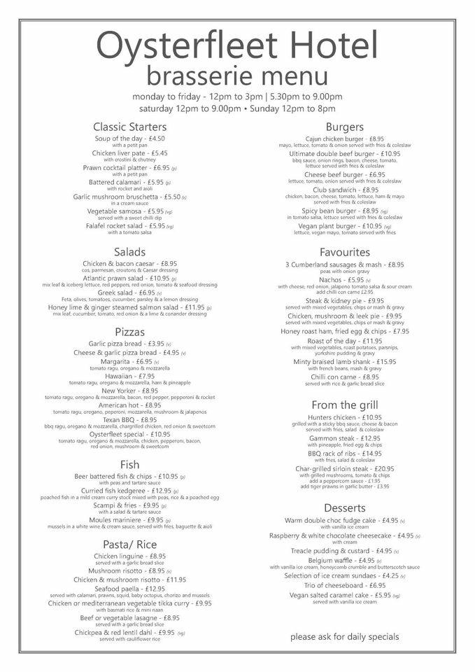 Menu at The Oysterfleet Hotel, Restaurant & Bar, Canvey Island