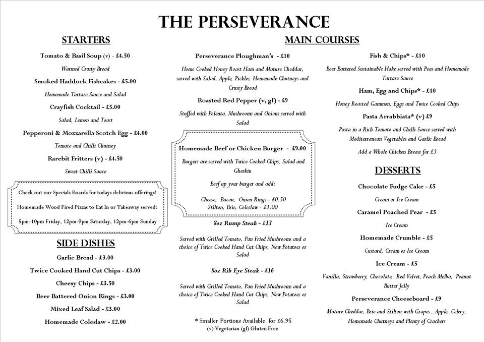 Carta del pub y bar The Perseverance, Wraysbury