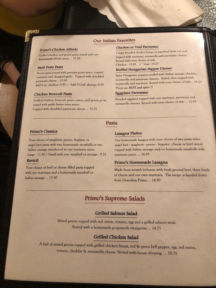 Menu at Uncle Primo's steakhouse, New Philadelphia