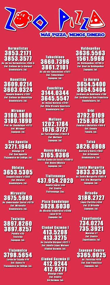 Carta de pizzería Zoo Pizza Cd. Guzmán Suc. Serafin Vazquez, Ciudad Guzmán