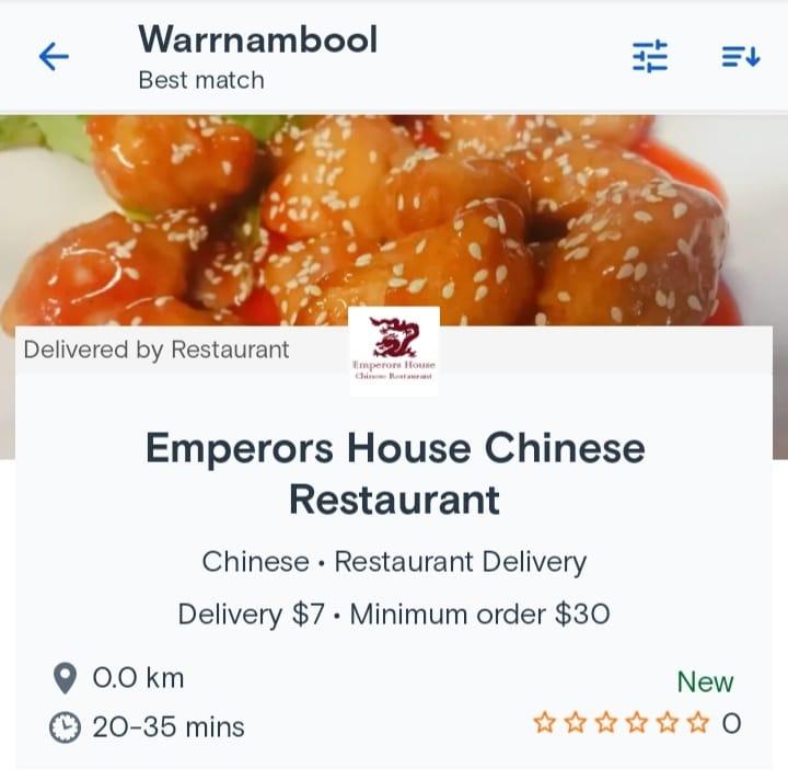Menu at Emperors House restaurant, Warrnambool