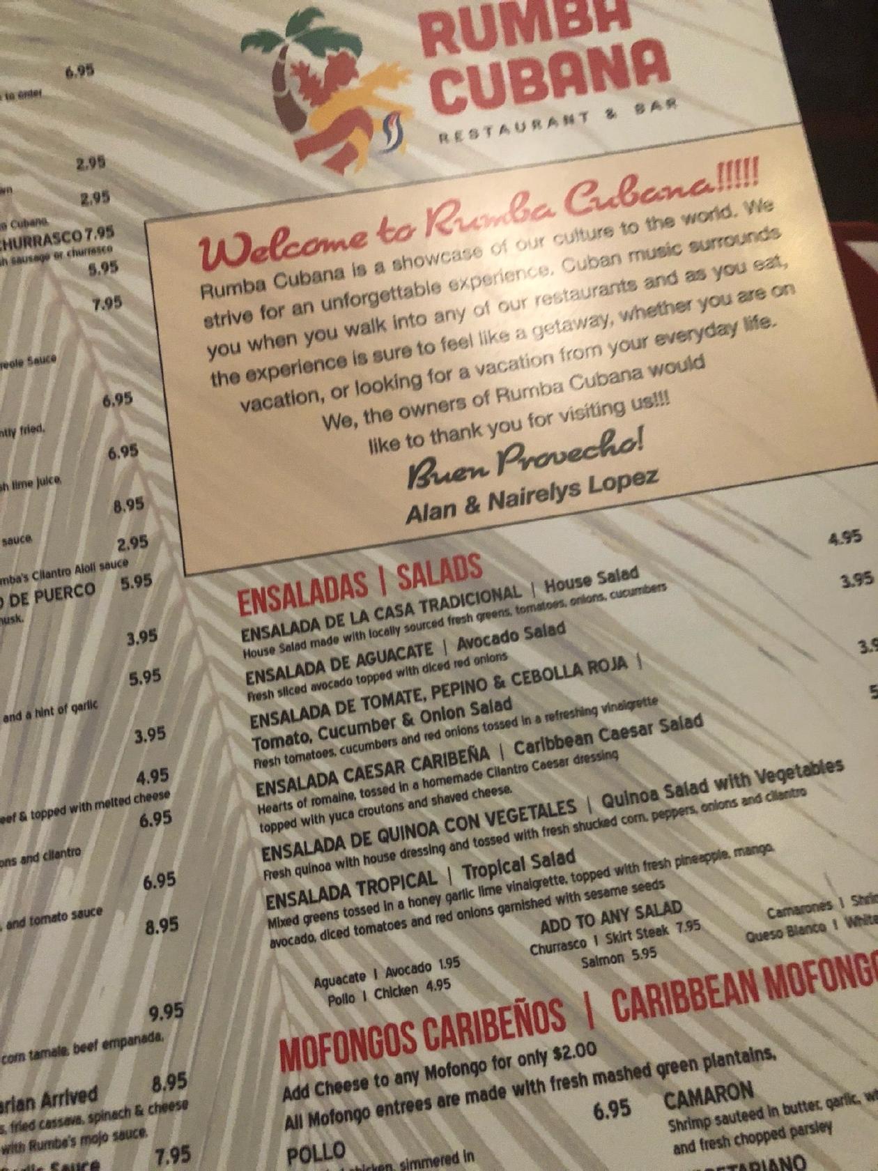 Menu at Rumba Cubana pub & bar, Jersey City