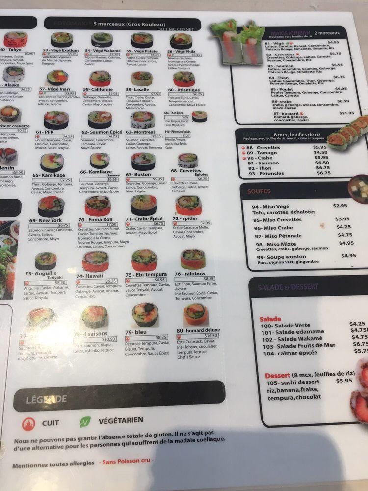Menu at Sushi Victoria restaurant, Montreal