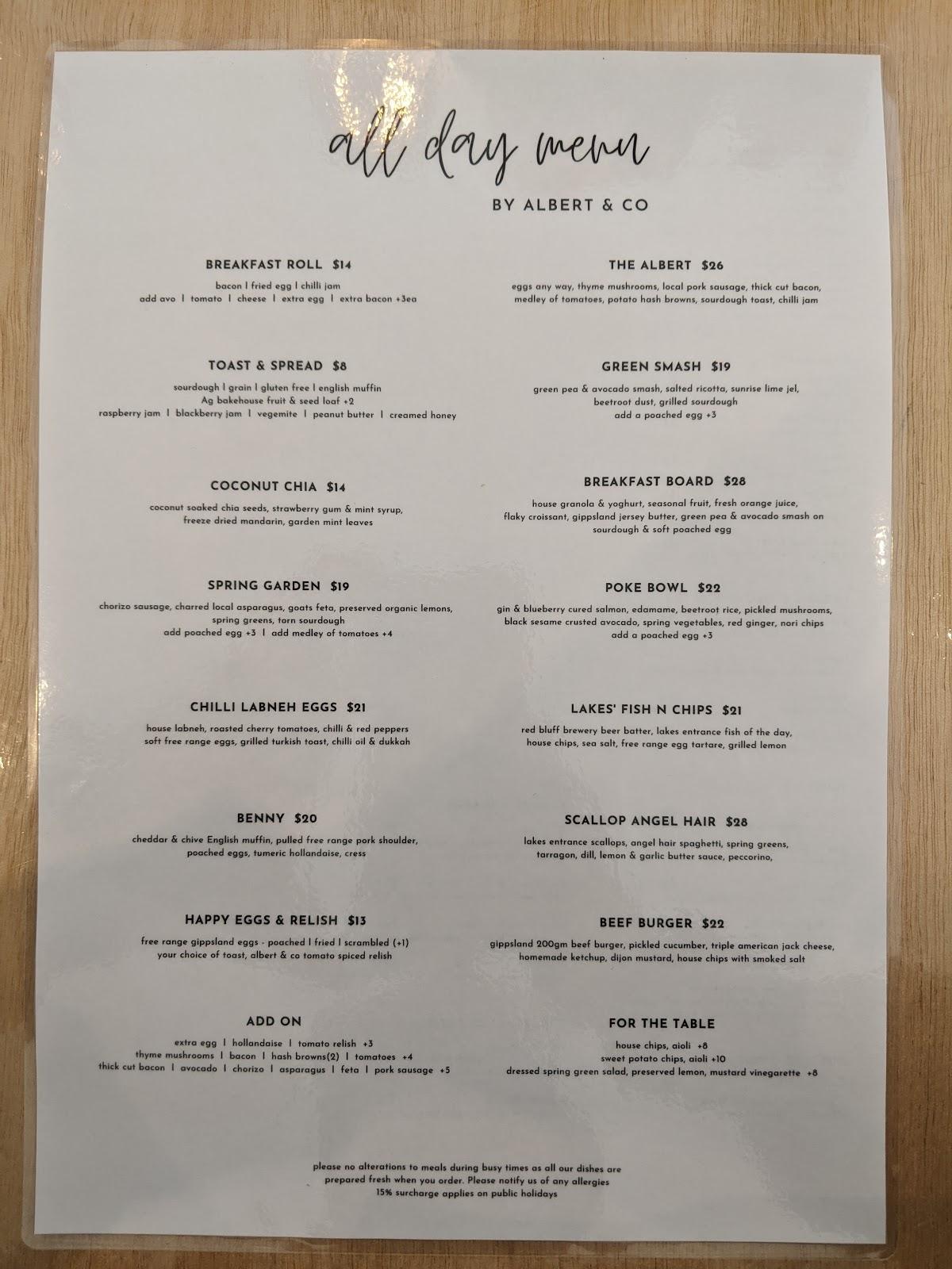Menu at Albert & Co cafe, Lakes Entrance, 201 Esplanade
