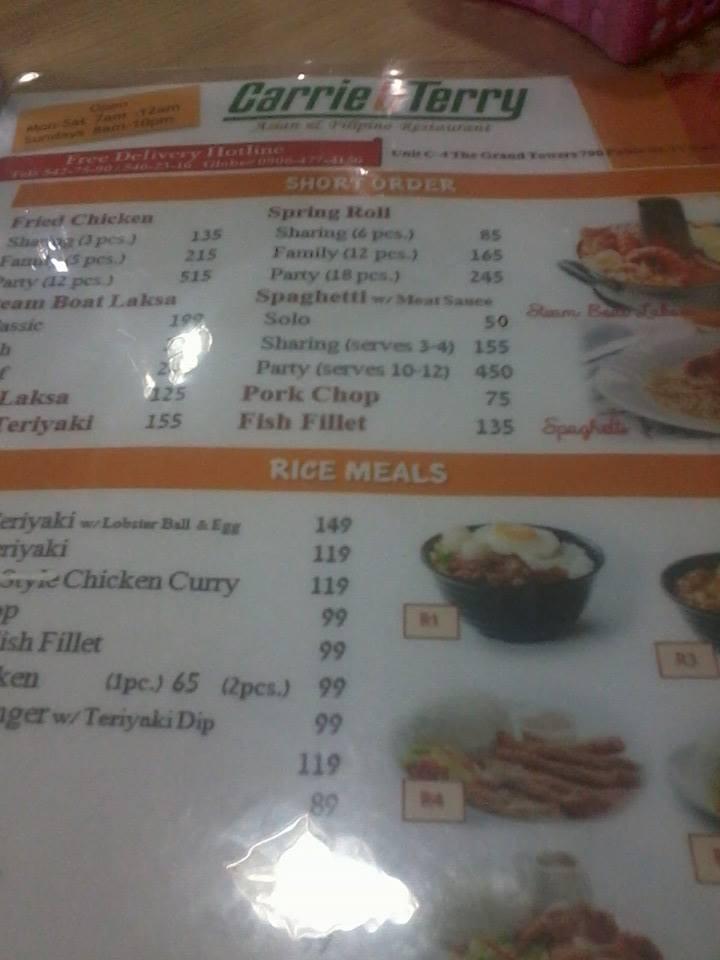 Menu at Carrie & Terry restaurant, Manila