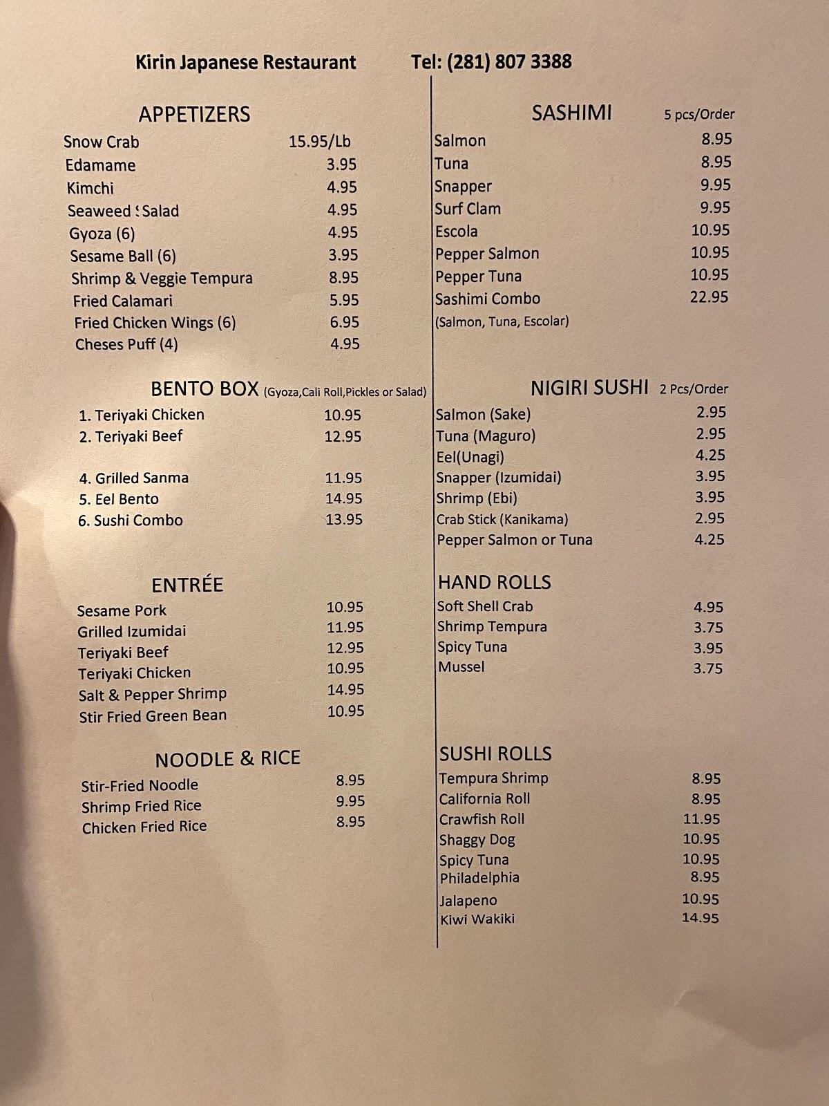 Menu at Kirin Japanese Seafood & Sushi Buffet restaurant, Houston