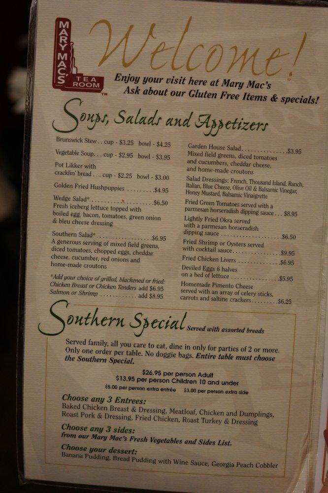 Menu at Mary Mac's Tea Room pub & bar, Atlanta