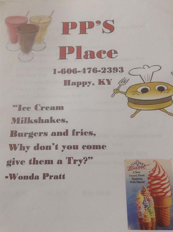 Menu at PP's Place restaurant, USA