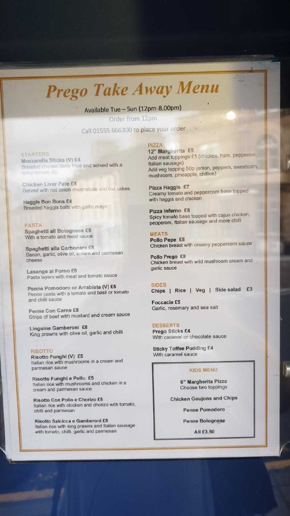 Menu at Prego restaurant, Lanark
